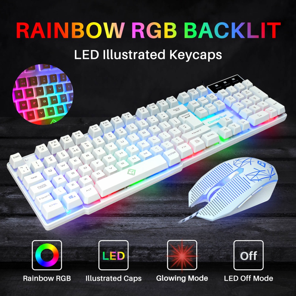 Combrite Raptor White USB Keyboard And Mouse Combo Rainbow LED Backlit ...